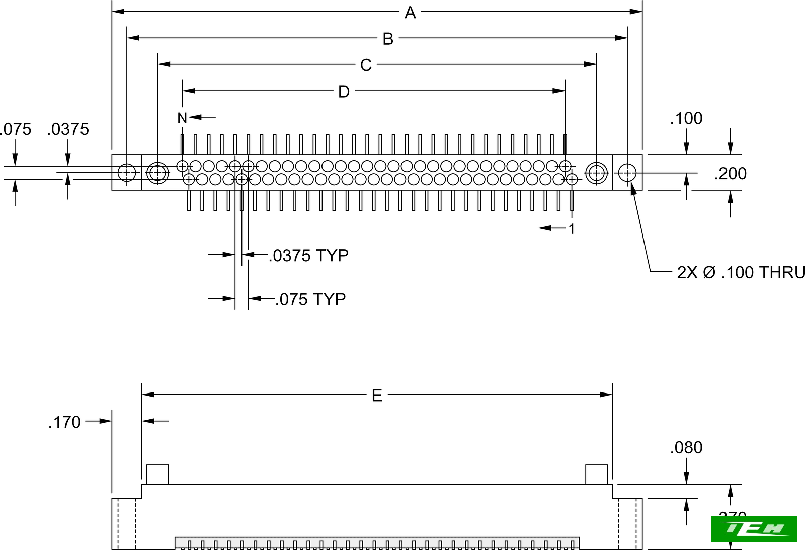 IEH | HRM 2 Row Receptacle, Surface Mount